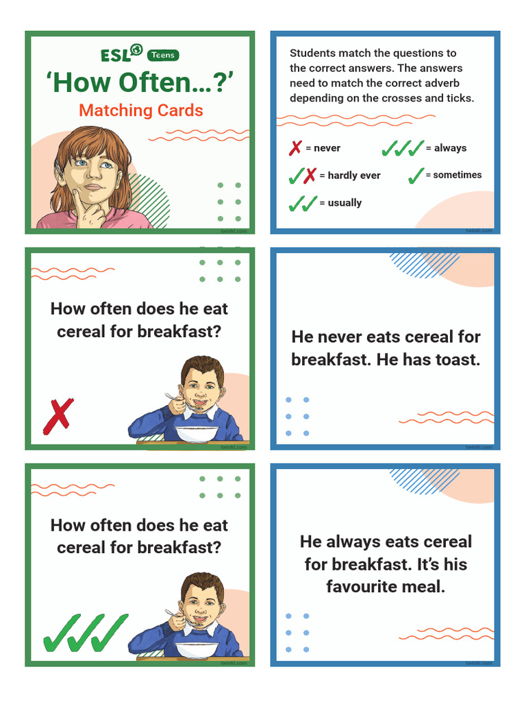How Often Matching Cards Teens A2 Ver 2 | PDF | English As A Second Or ...