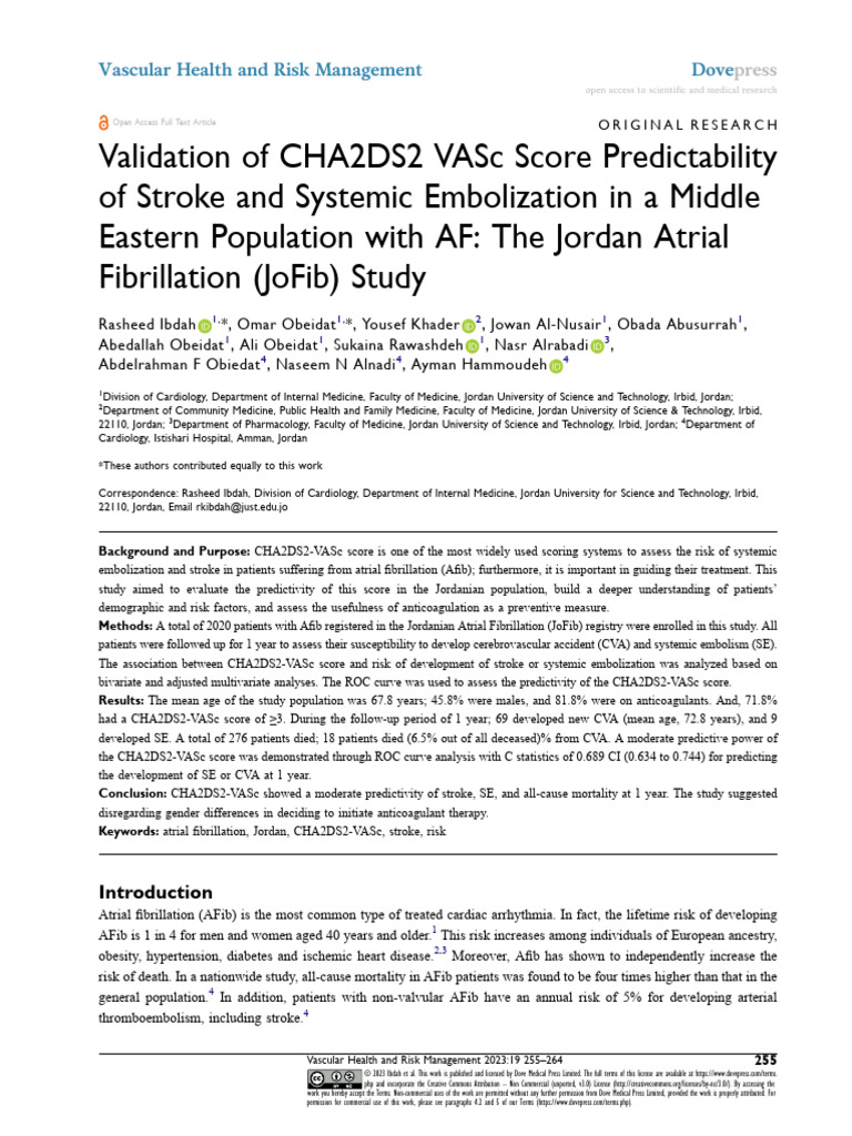 VHRM 404575 Validation of Cha2ds2 Vasc Score Predictability of Stroke ...