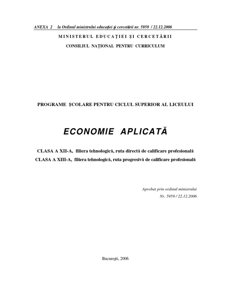 Programa Scolara Economie Aplicata Clasa Xii | PDF