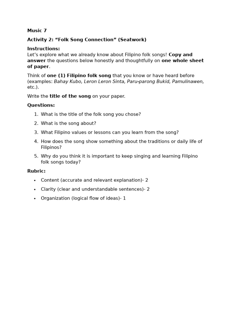 3rd Quarter Activity 2 Folk Songs | PDF