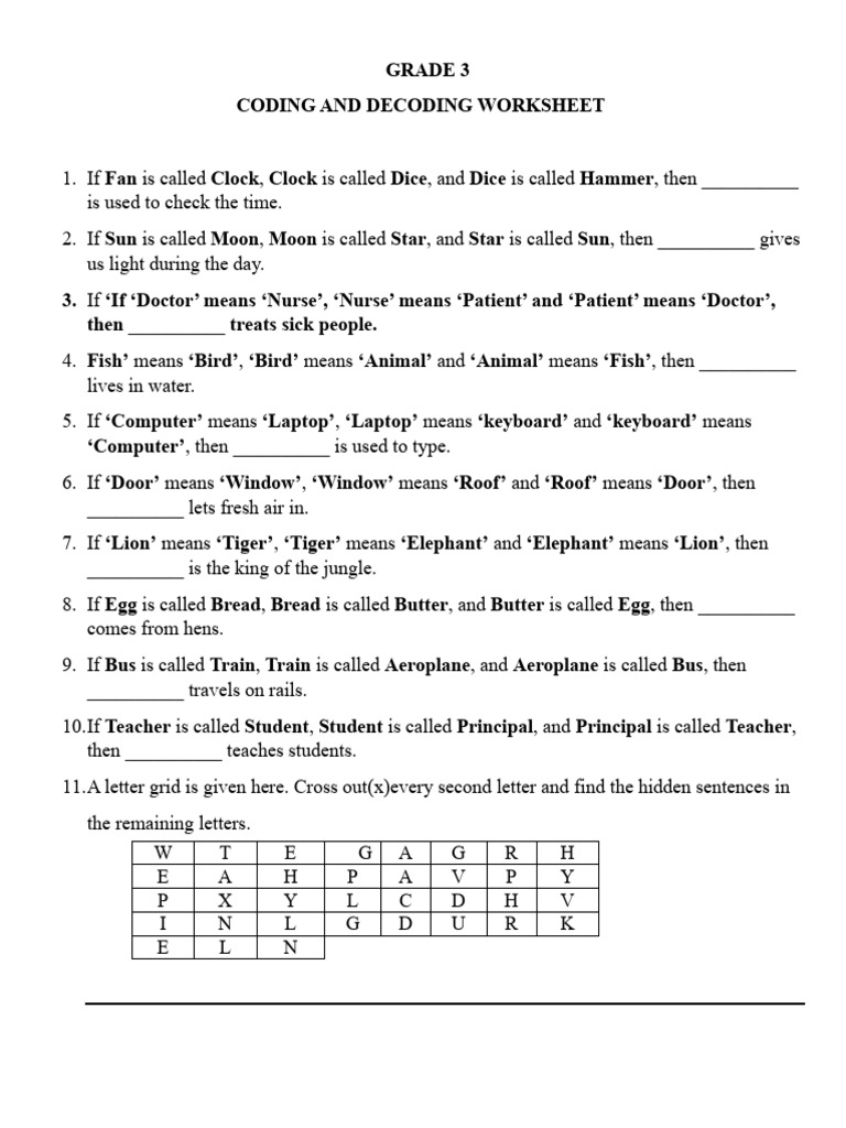 GRADE 3 Coding & Decoding Worksheet | PDF
