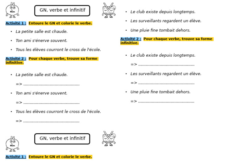 Exercices - GN - Identification Verbe Et Infinitif - A | PDF