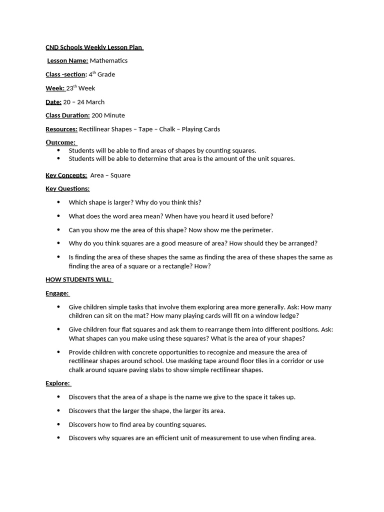 Week 23 4th Grade Plan | PDF | Area | Cognition