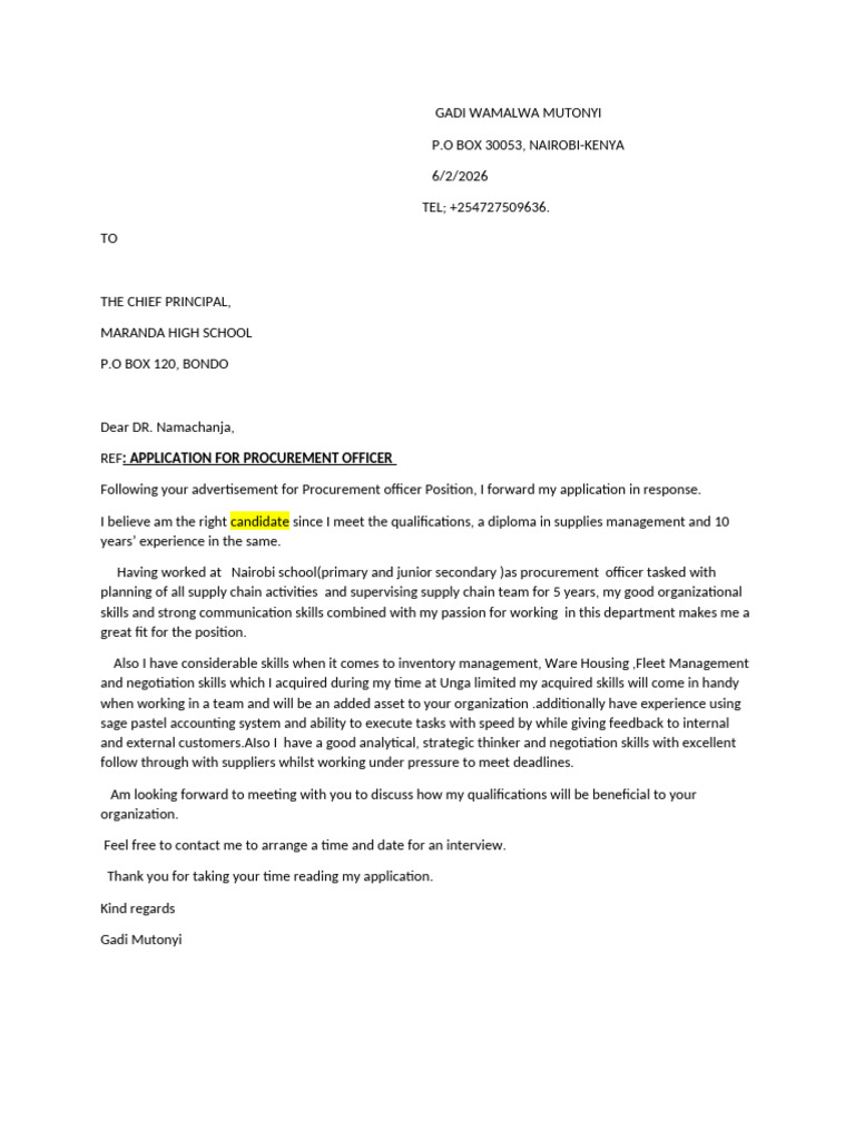 GADI WAMALWA MUTONYI Cover Letter - Maranda | PDF