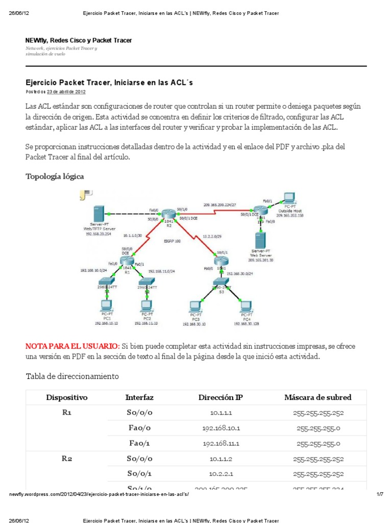 Ejercicio Packet Tracer, Iniciarse en Las ACL S - NEWfly, Redes Cisco y Packet Tracer | PDF ...