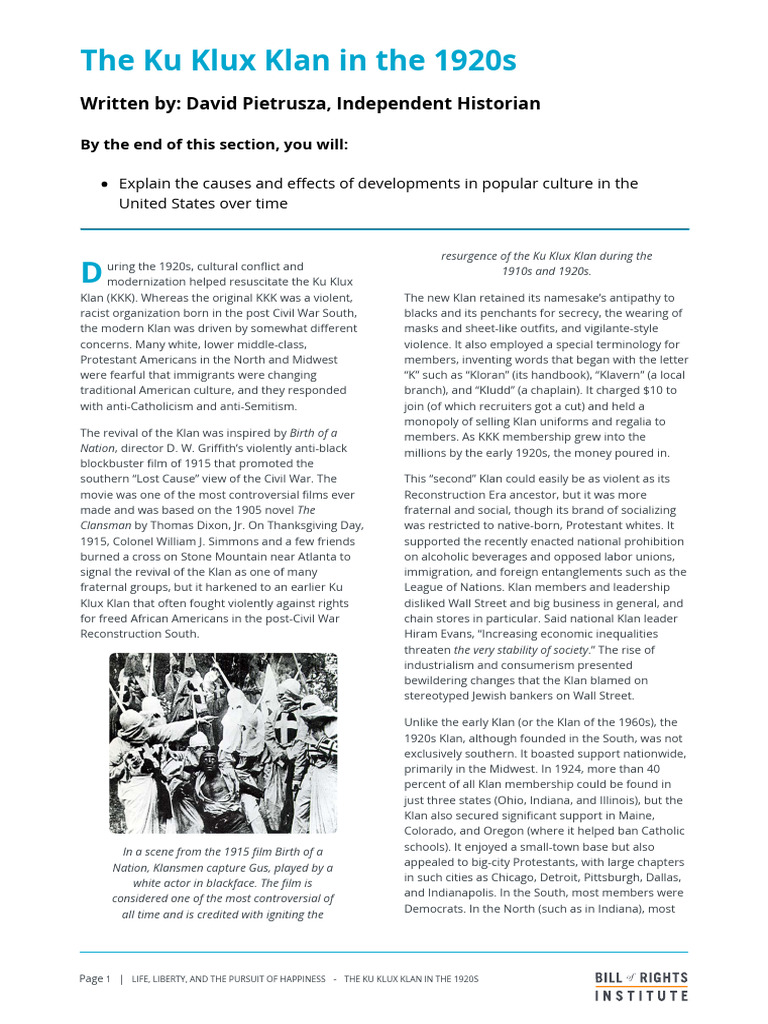 The Ku Klux Klan in The 1920s | PDF | Ku Klux Klan | The United States