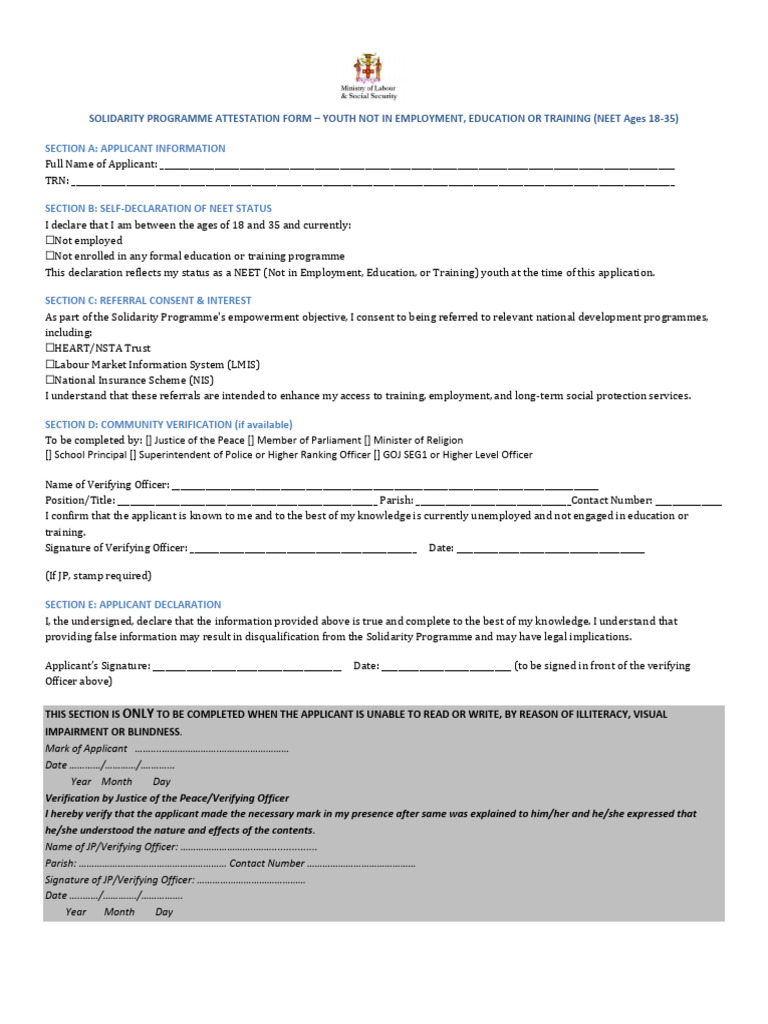 Attestation Form For Youth Not in Emploement, Education or Training | PDF