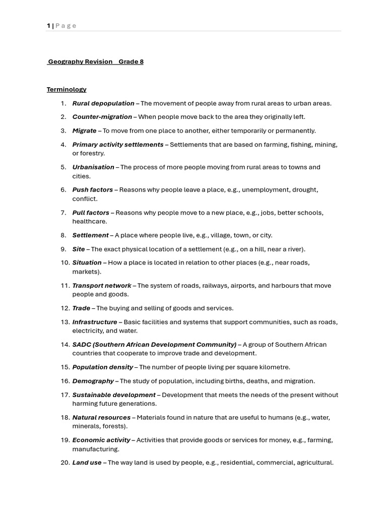 Grade 8 November Geography Revision | PDF | Human Migration | Transport