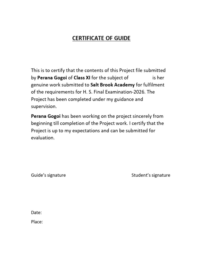 Certificate of Guide: Perana Gogoi Class XI Salt Brook Academy | PDF