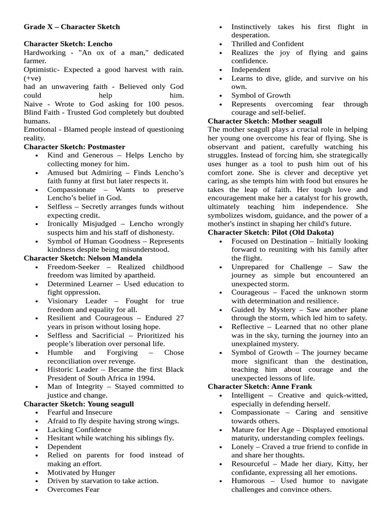 Grade X - Character Sketches ML and SR | PDF | Faith | Espionage