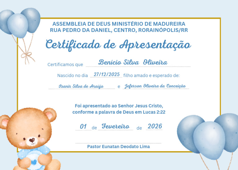 Certificado Apresentação de Batismo Cristão Ilustração Aquarela Rosa e ...