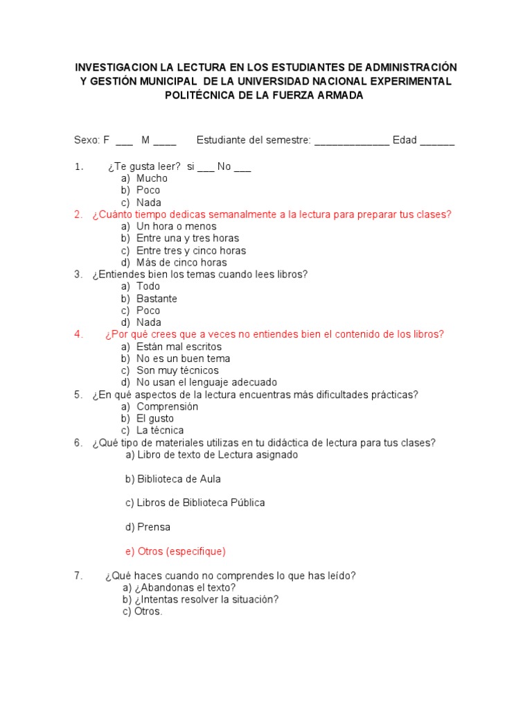 Modelo de Encuesta para Investigacion de Lectura | PDF | Lectura ...