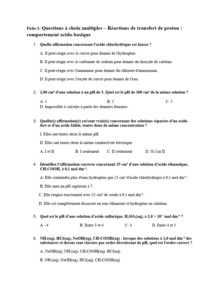 Fiche 1: Questions À Choix Multiples - Réactions de Transfert de Proton ...
