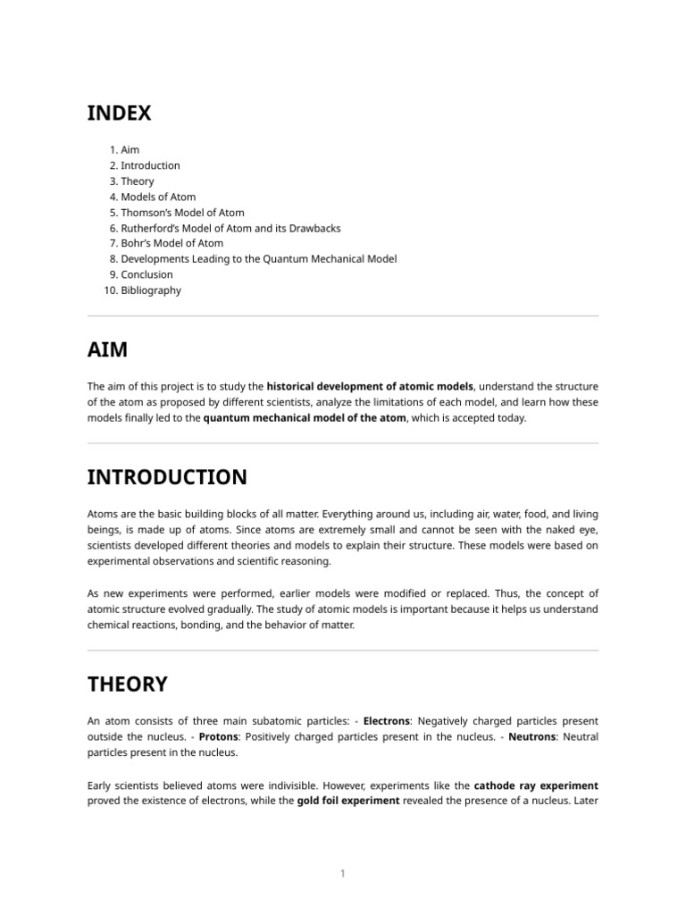 Models of Atom - Project Content | PDF | Atoms | Electron