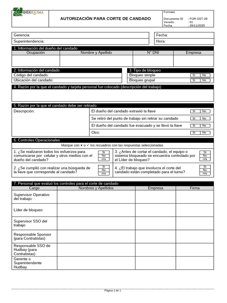 For-SST-29 Autorización para Corte de Candado | PDF