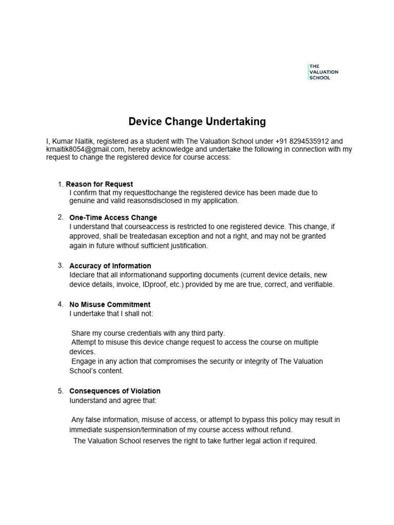 Device Change Undertaking Form - Kumar Naitik PDF | PDF