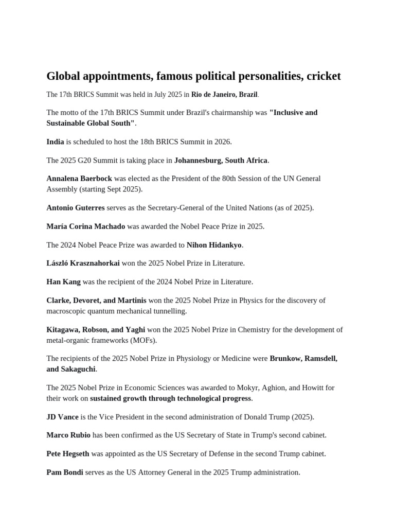 Global Appointments, Famous Political Personalities, Cricket | PDF ...