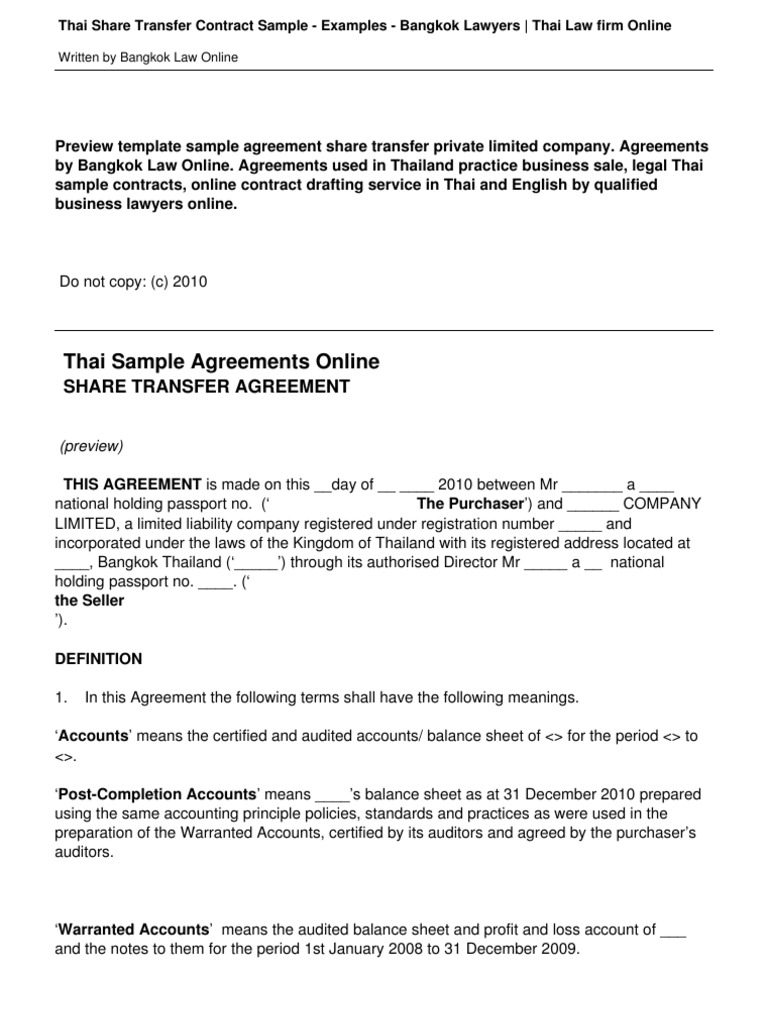 Thai Share Transfer Contract Sample | PDF | Thailand | Indemnity