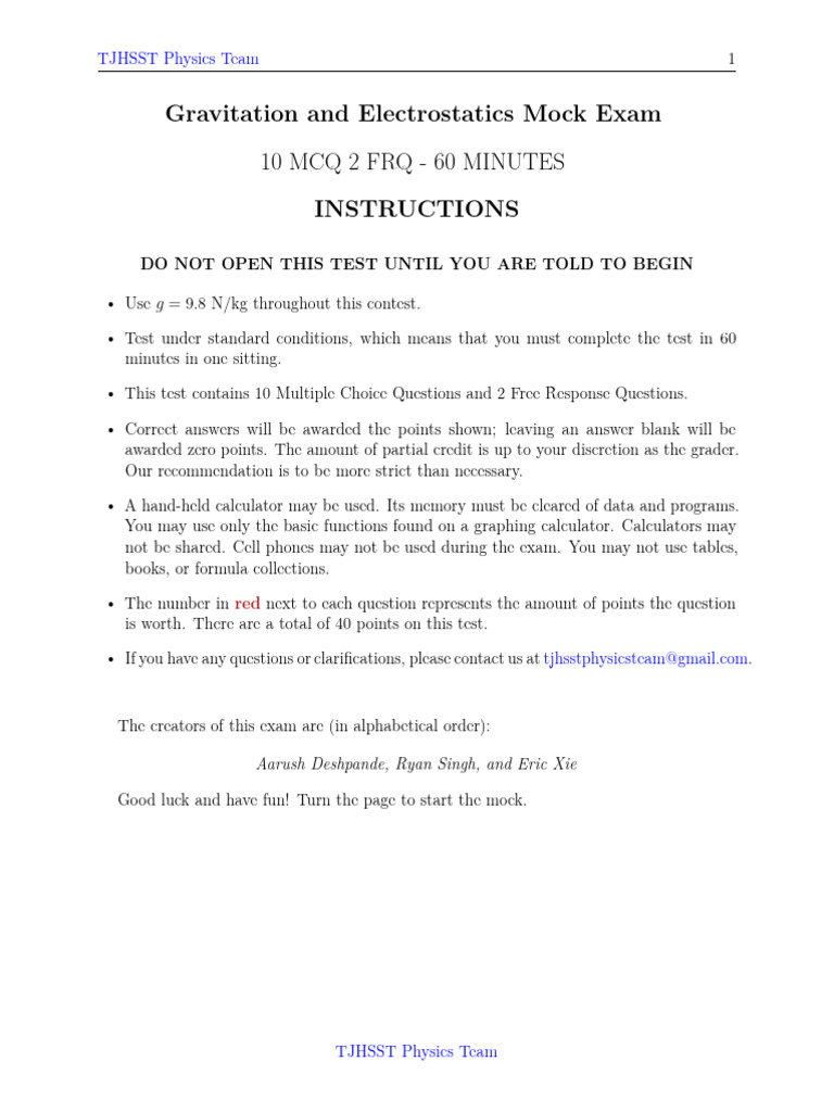Gravitation and Electrostatics Mock Test | PDF | Electric Field | Gravity