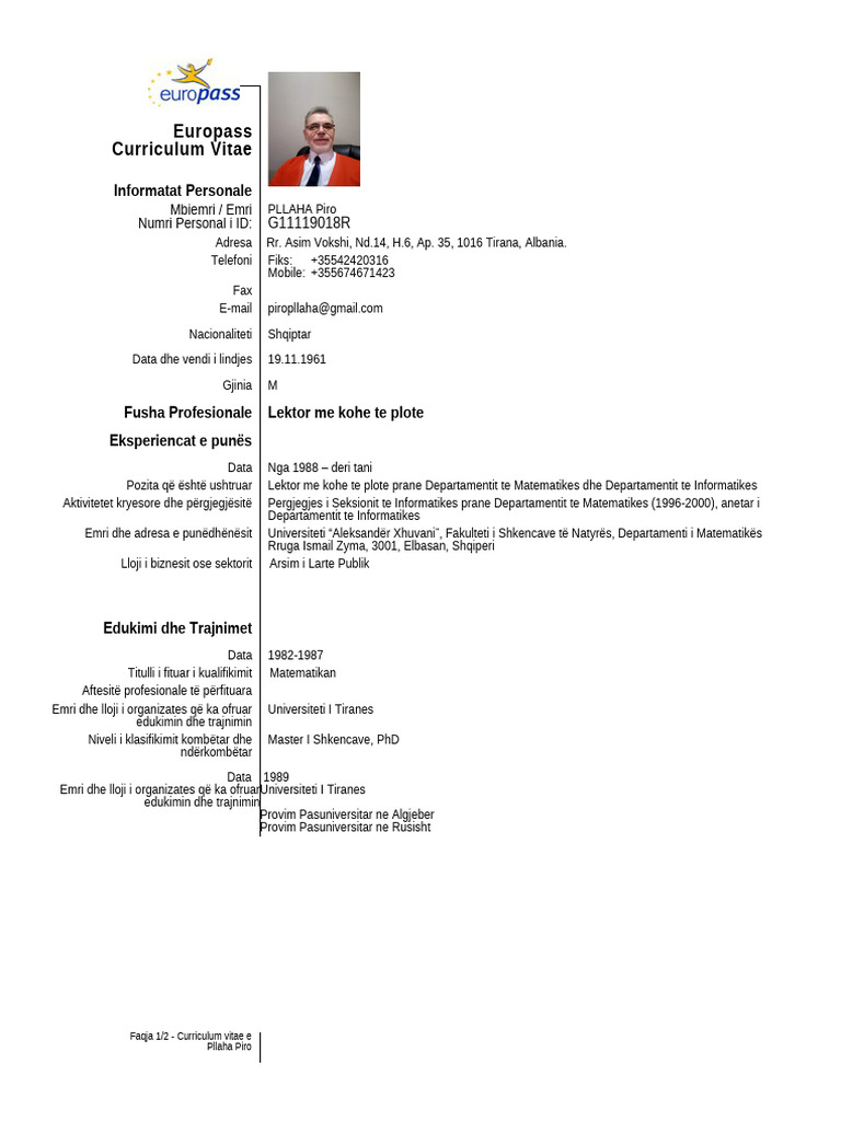 CV Europas Shqip Piro Pllaha | PDF