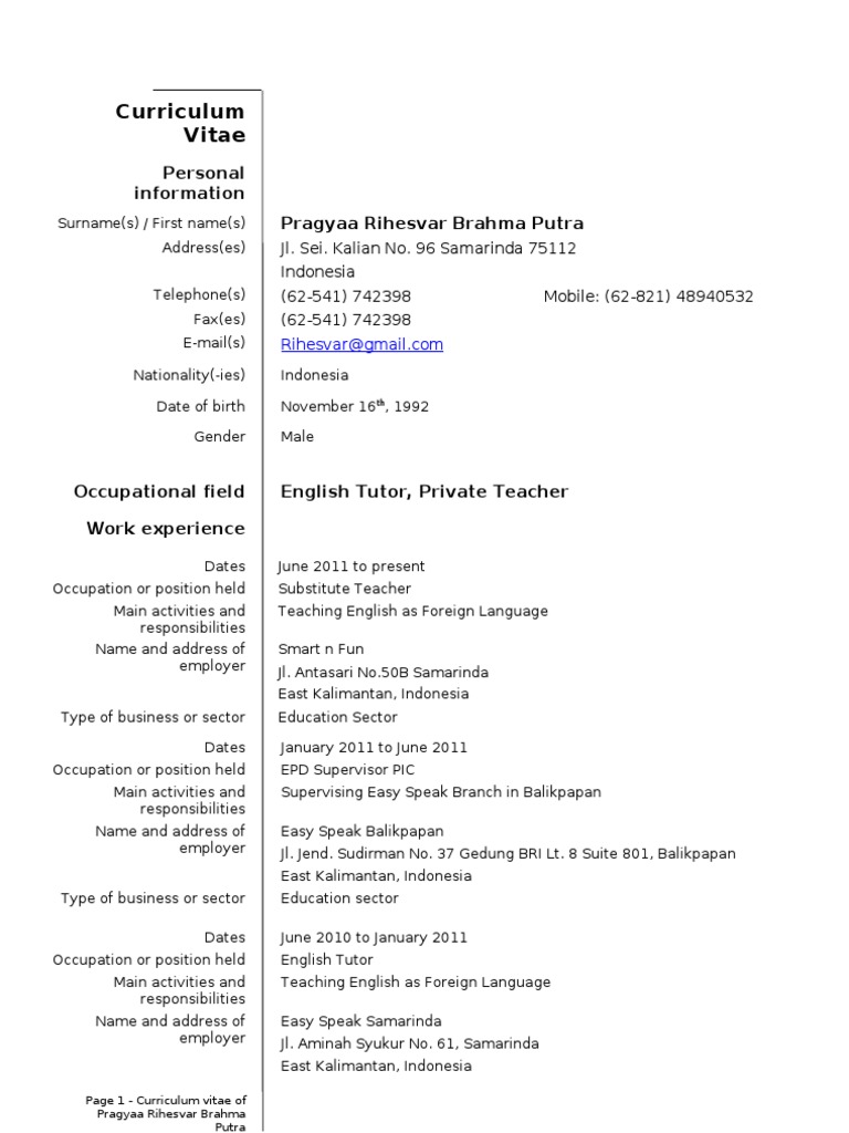 Curriculum Vitae: Personal Information Pragyaa Rihesvar Brahma Putra | PDF | Teachers | Learning