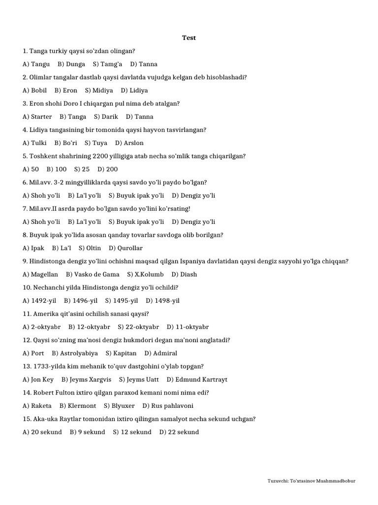 5-Sinf Nazorat Ishi 2-Chorak I | PDF