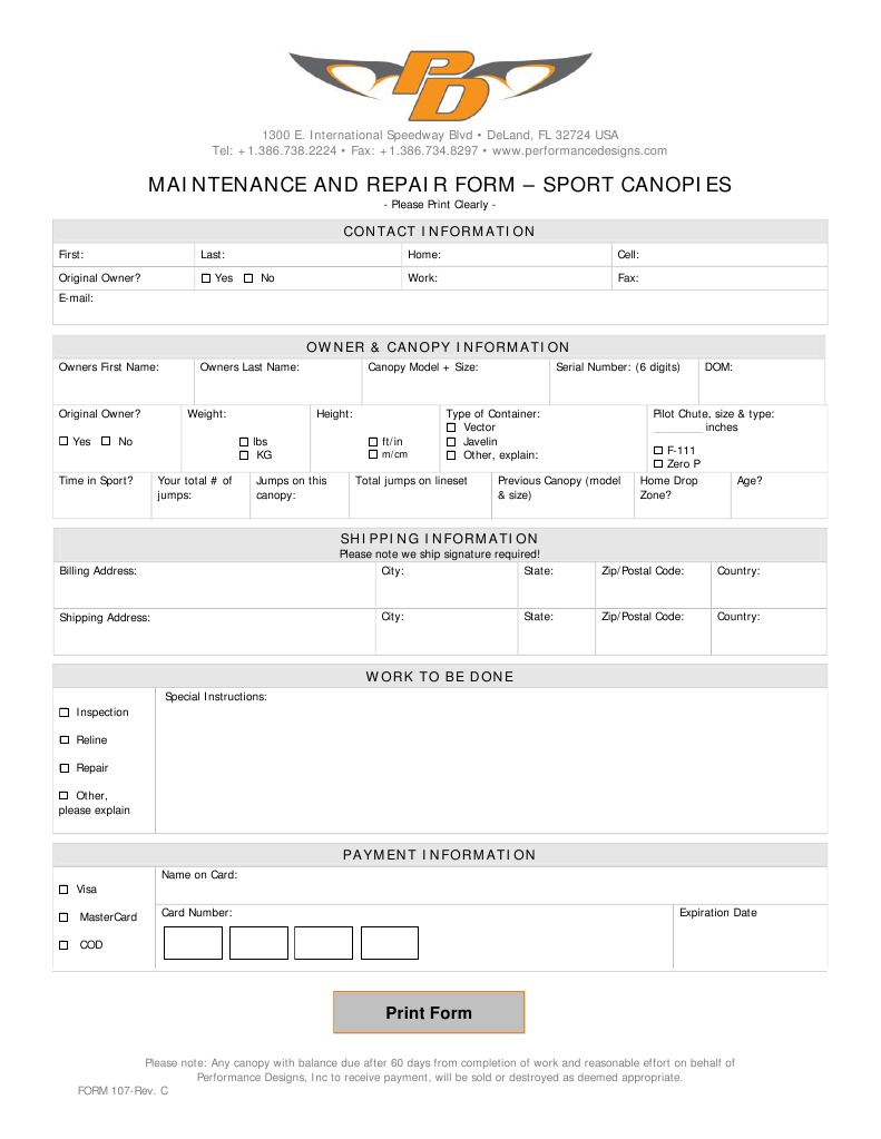 Maintenance and Repair Form - Sport Canopies: Contact Information | PDF ...