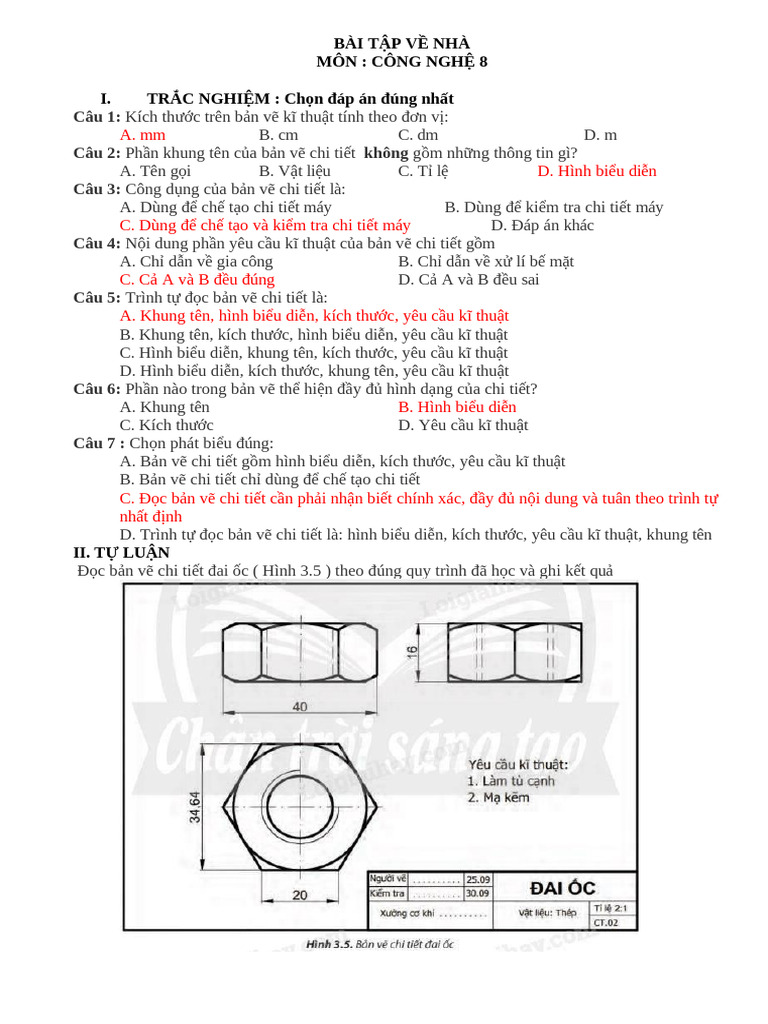 Bai Tap Ve Nha Cn8 Tuan 6 Bai Ban Ve Ki Thuat2 | PDF