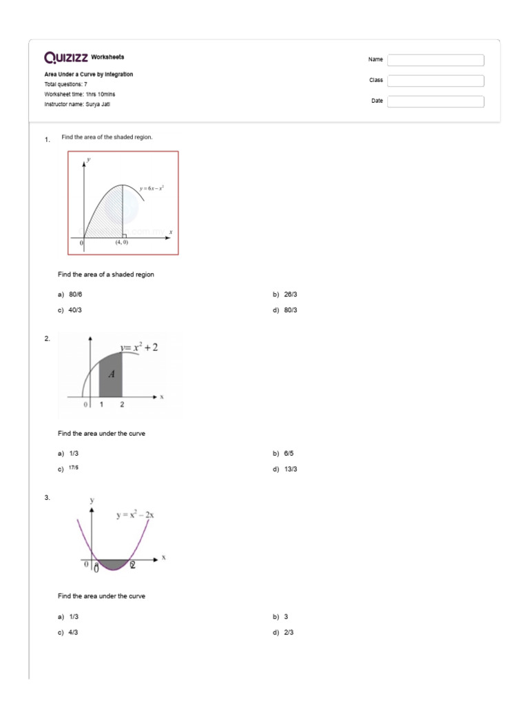 Area Under A Curve by Integration - Quizizz | PDF