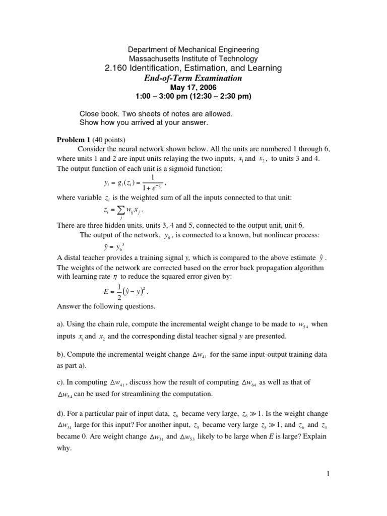 2.160 Identification, Estimation, and Learning: End-of-Term Examination | PDF | Systems Science ...