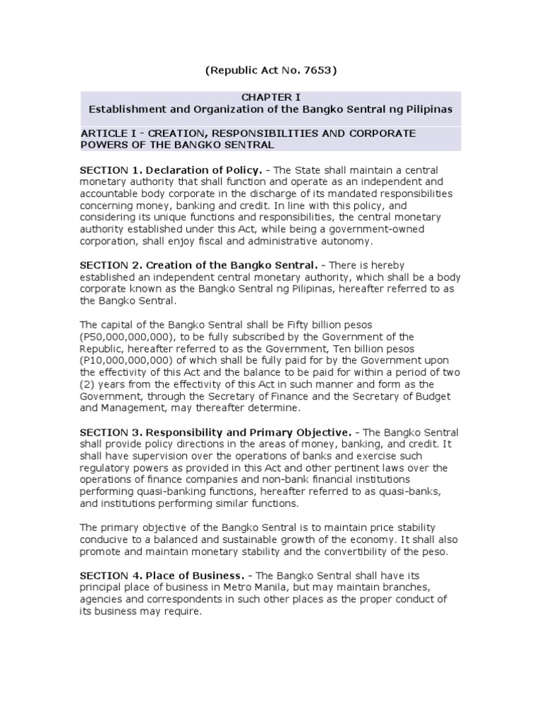 New Central Bank Act RA 7653 | PDF | Receivership | Conservatorship