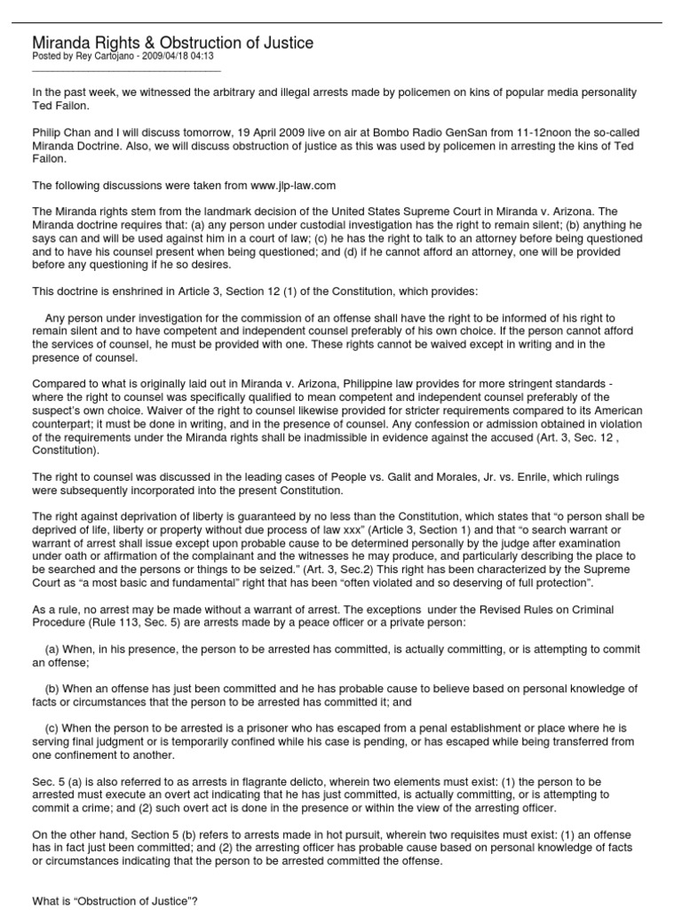 Miranda Rights and Obstruction of Justice | PDF | Miranda Warning | Arrest