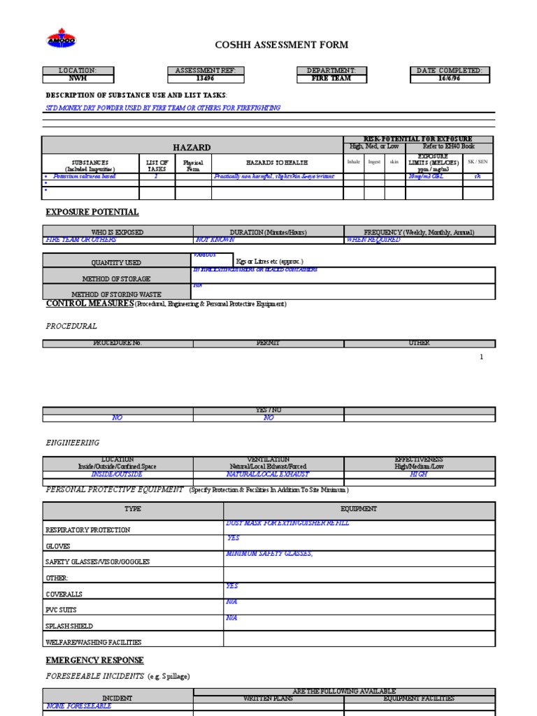 Coshh Assessment Form | PDF | Personal Protective Equipment | Safety Coshh Assessment Form | PDF | Personal Protective Equipment | Safety