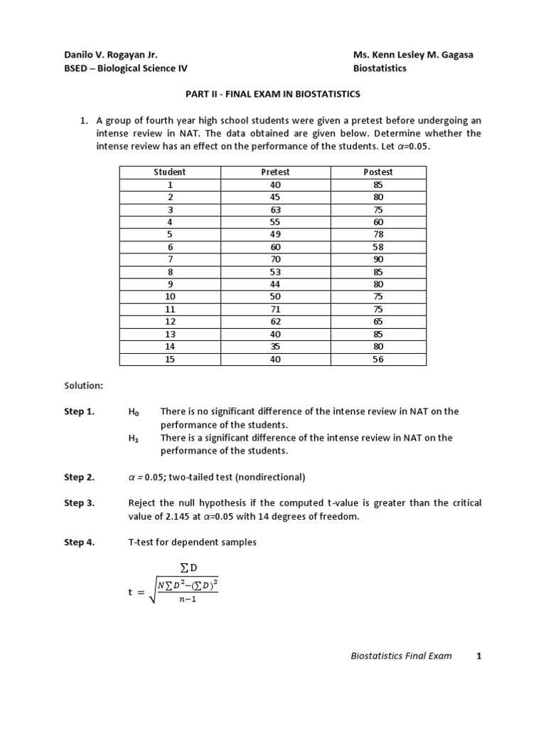 Biostatistics Final Exam | Statistical Hypothesis Testing | Biostatistics