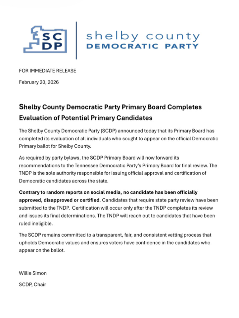 Shelby County Democratic Party Statement 2/20/2026 | PDF