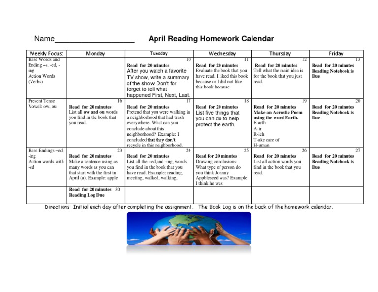April Reading Homework Calendar | PDF | Language Arts & Discipline ...