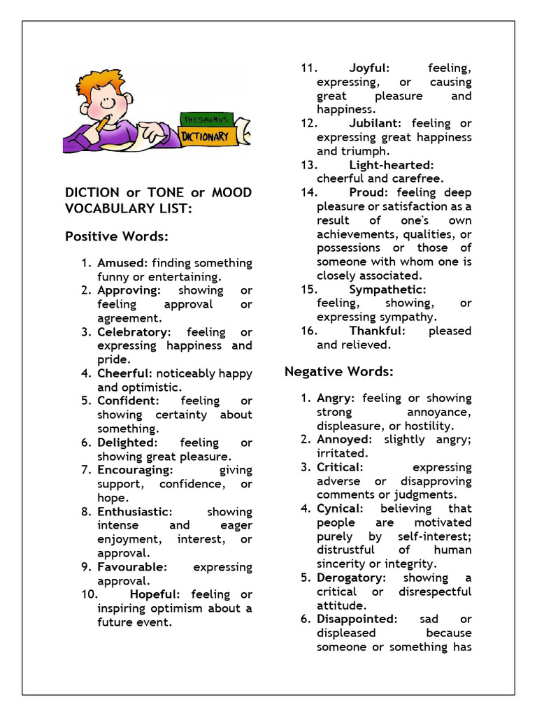 Diction Tone Mood Words | PDF | Happiness | Feeling