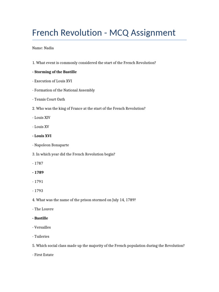 French Revolution Unique MCQ Assignment Nadia | PDF | Reign Of Terror ...