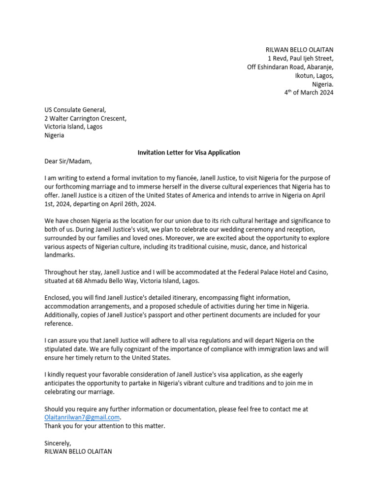 RILWAN BELLO (Janel Justice Invitation Letter) | PDF | Travel Visa ...