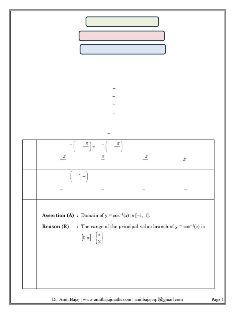 Class Xii Inverse Trigonometry Self-Assessment Test (2024-25) Dr. Amit ...