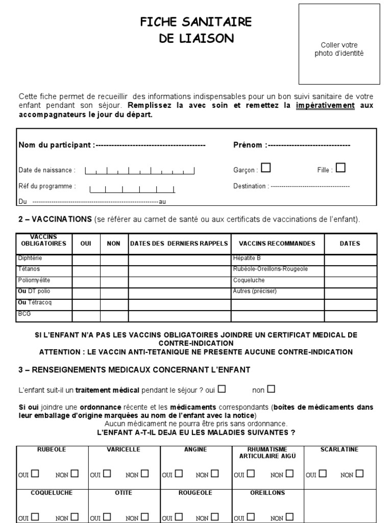Fiche Sanitaire | PDF | Vaccination | Médecine