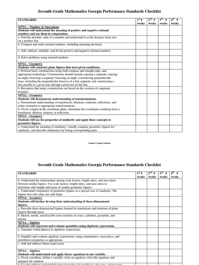 7th Grade Math GPS Checklist | PDF | Geometry | Teaching Mathematics