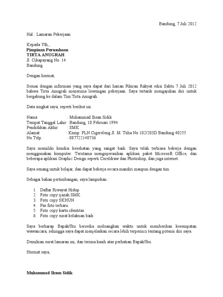 Contoh Surat Lamaran Kerja Yang Baik Dan Benar | PDF