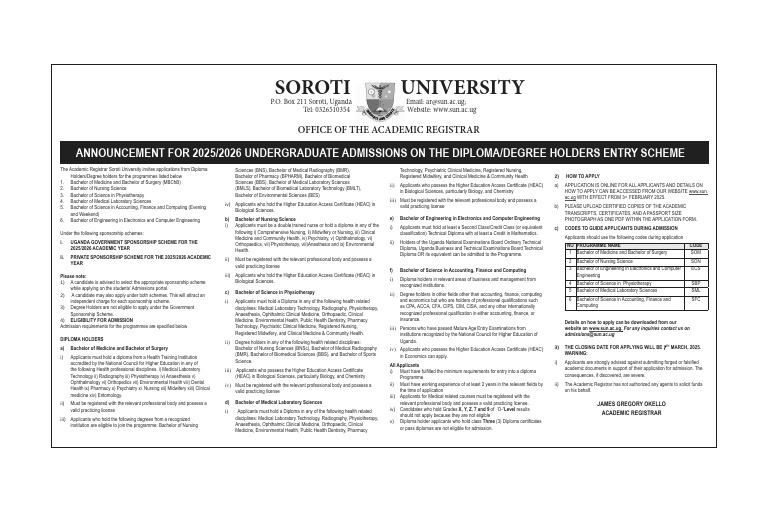 Soroti New Admissions Final | PDF | Bachelor's Degree | Diploma