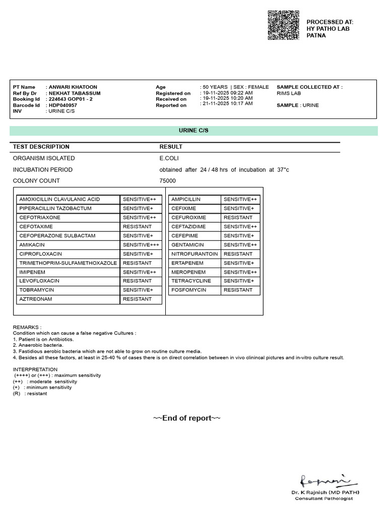 ANWARI KHATOON - 224643-Lab - Hypatholab.in | PDF | Antibiotics