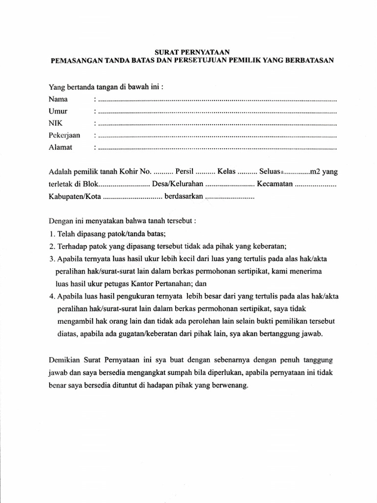 Surat Pernyataan Pemasangan Tanda Batas Dan Persetujuan Pemilik Yang ...