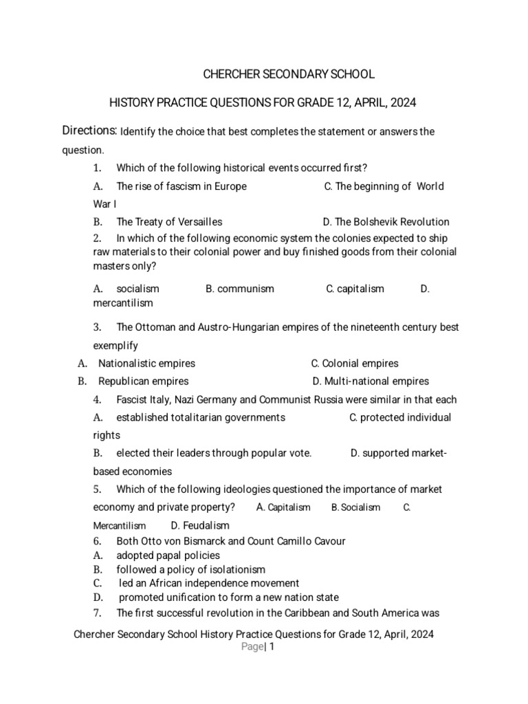 History Practice Questions For Grade 12 | PDF | Ethiopia | Capitalism