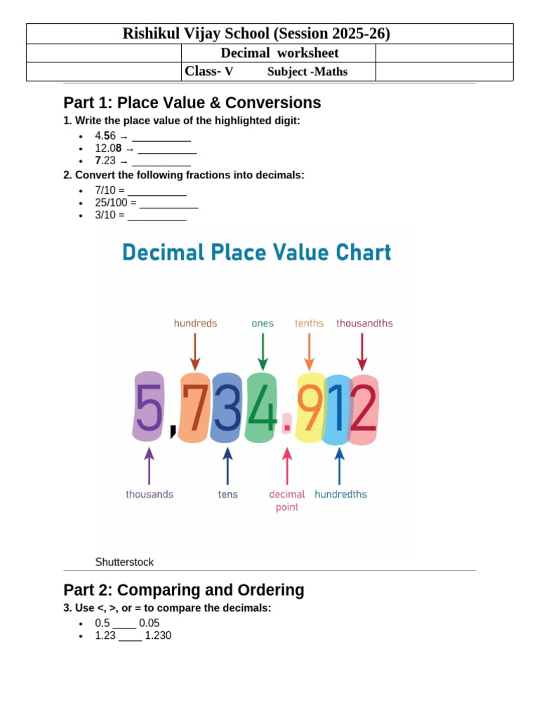 Class 5 Decimal Worksheet | PDF