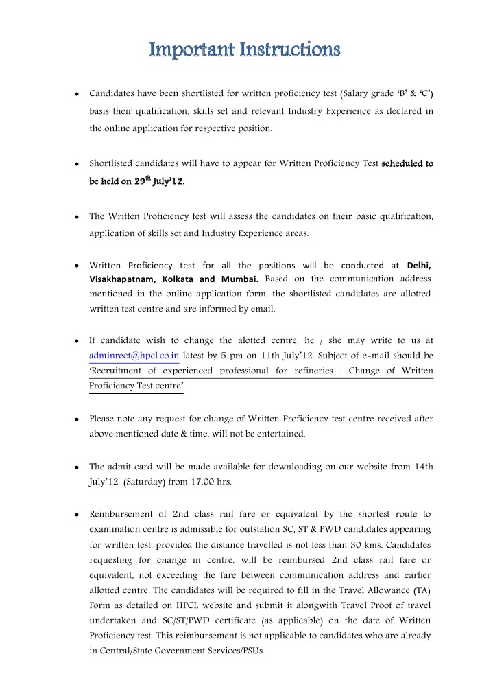 Important Instructions Revised - HPCL | PDF | Test (Assessment)