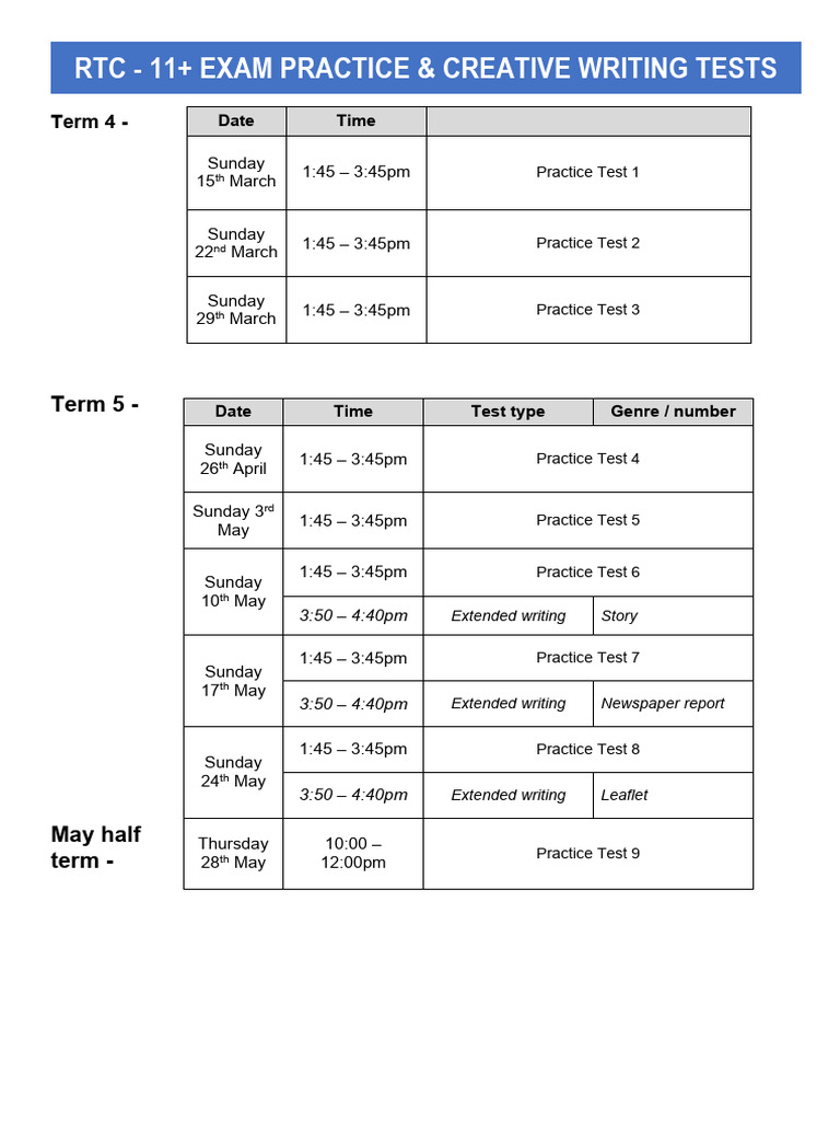 Yr5 Practice Test Schedule 2026 | PDF | Educational Stages | Tests